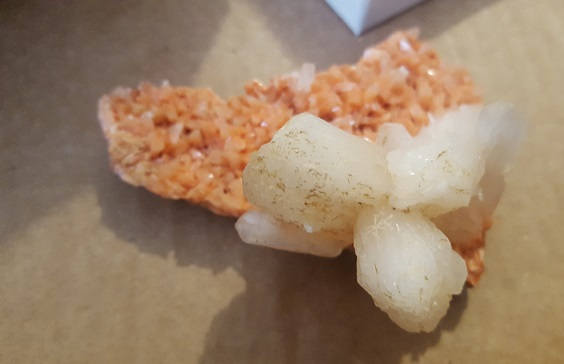 Stilbite on orange heulandite specimen - Adam's – Adam's Minerals LLC